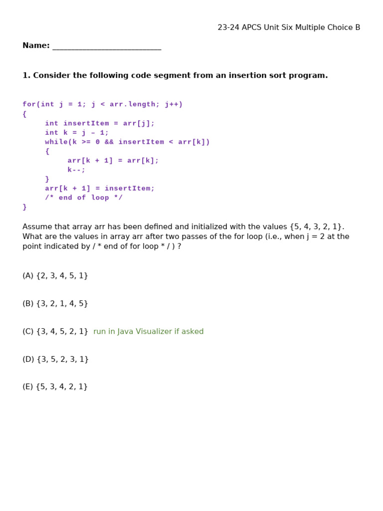 24 APCS Unit Six Multiple Choice B ANSWERS | PDF | Integer (Computer Science) | String (Computer ...