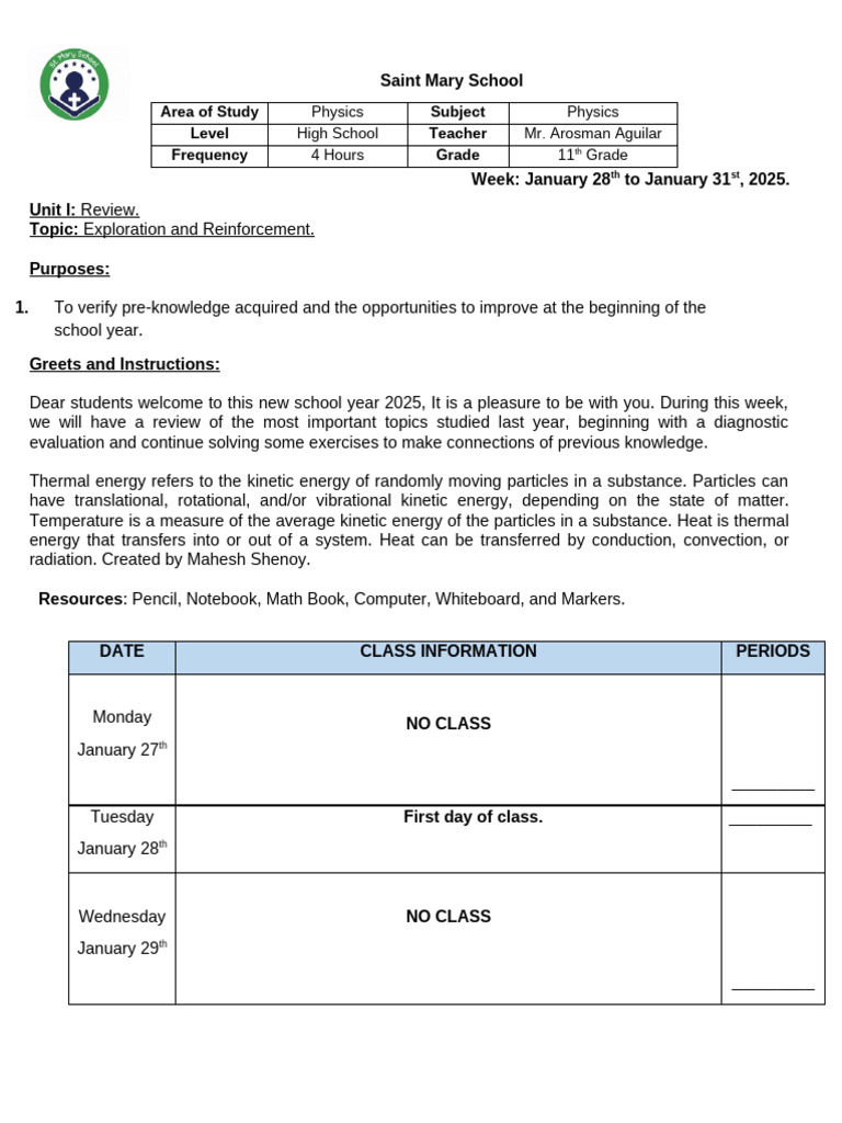 11th Grade Lesson Plan January 27 - January 31 - Physics | PDF | Heat ...