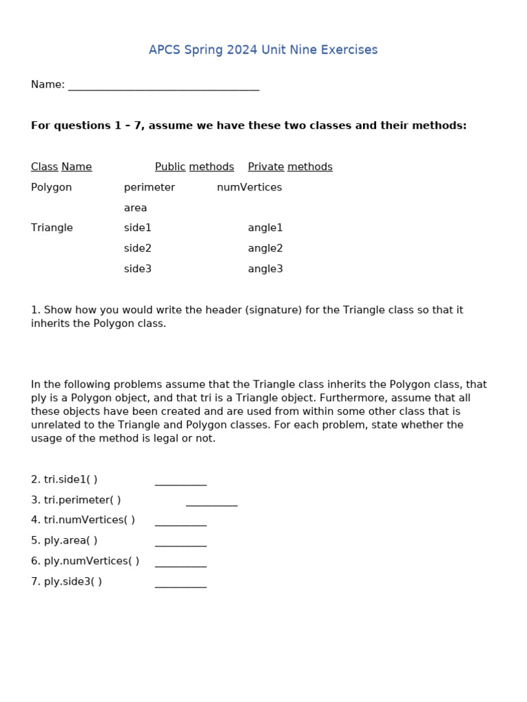 APCS Spring 2024 Unit Nine Exercises | PDF | Method (Computer Programming) | Inheritance (Object ...
