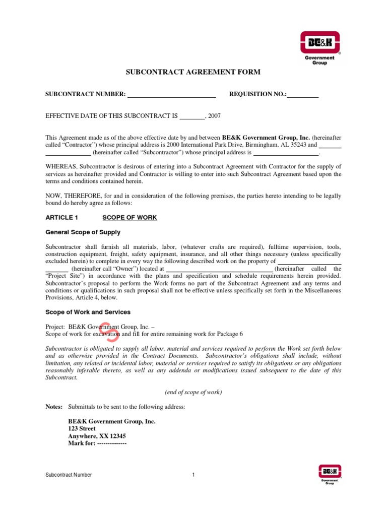 BEKGG Sample Subcontract Form | PDF | General Contractor | Resource ...