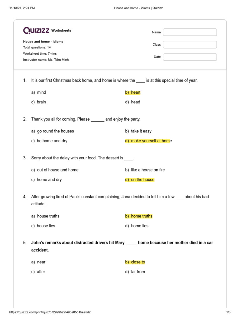 House Idioms Worksheet for Quizizz | PDF