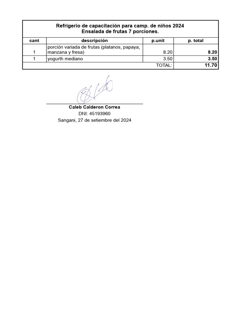 Refrigerio Para Capacitación Para Camp. de Niños 2024 - Hoja 1 | PDF