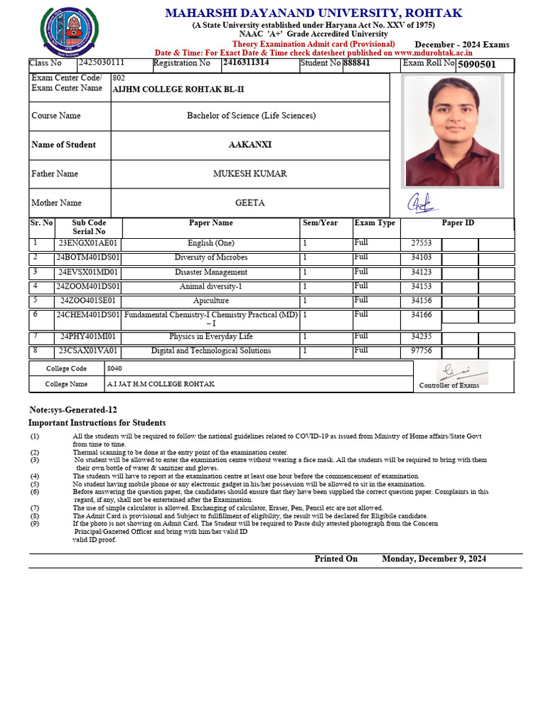 B.SC 1st Sem. Admit Cards Life Sc. 2024 25 | PDF