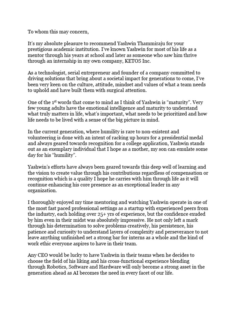 Letter of Recommendation - Yashwin | PDF | Psychology | Cognitive Science