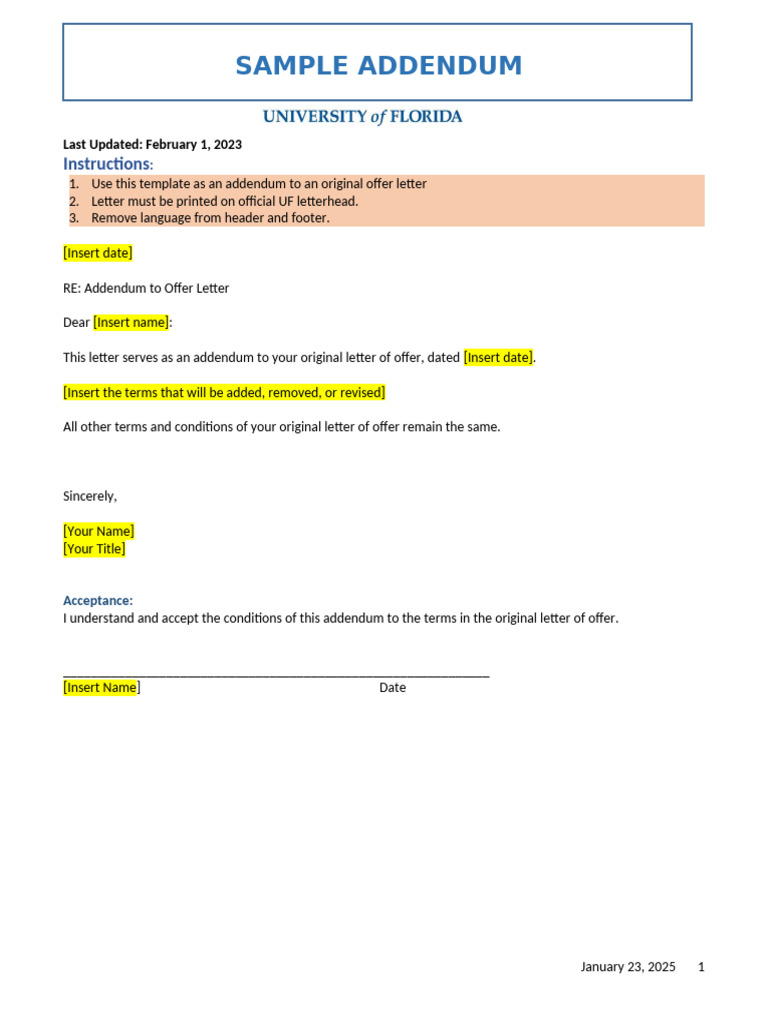 Addendum Template for Offer Letters | PDF