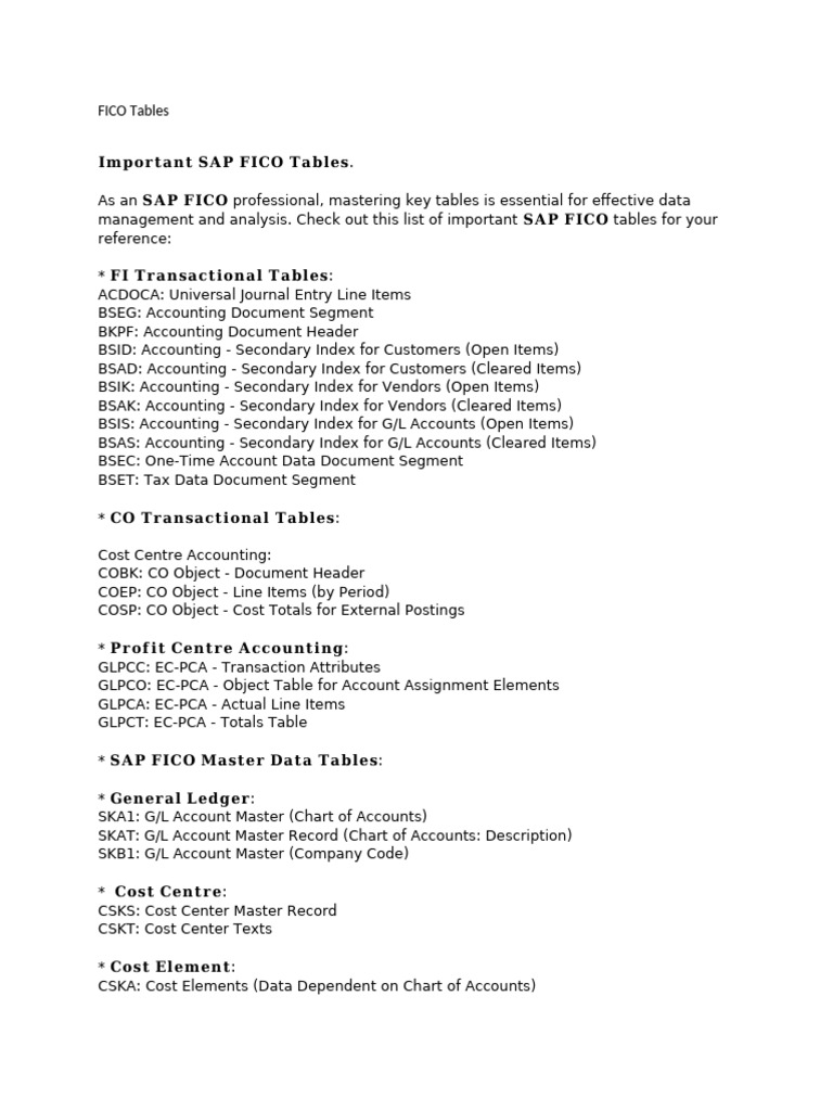 SAP FICO Important Tables Tables | PDF