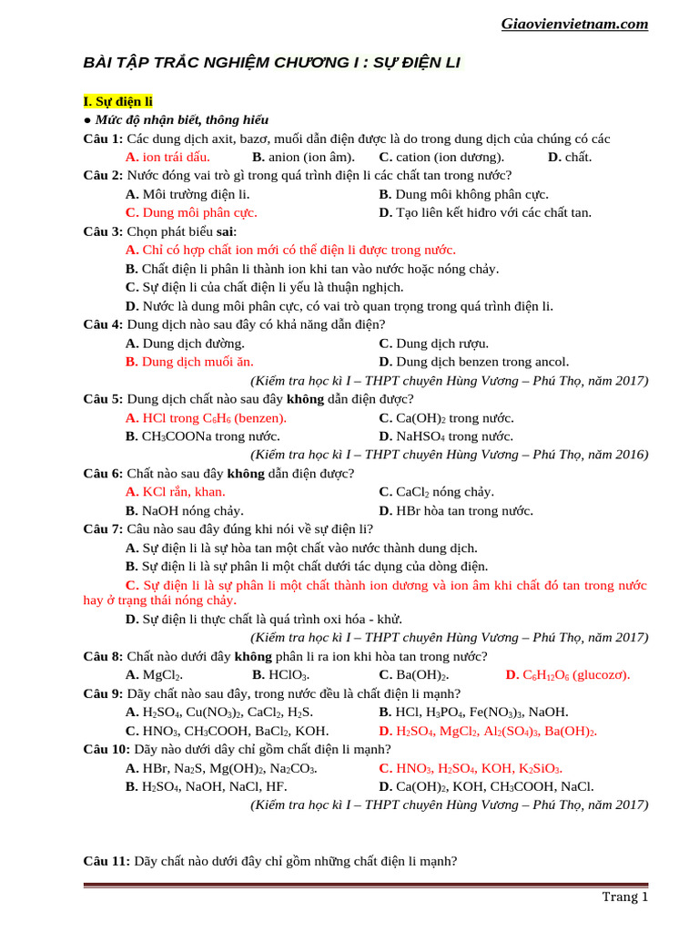 On Tap SU DIEN LI Co Dap An | PDF