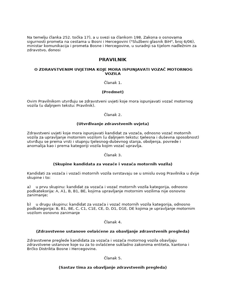 Pravilnik o Zdrastvenim Uvjetima Za Vozace Motornih Vozila | PDF