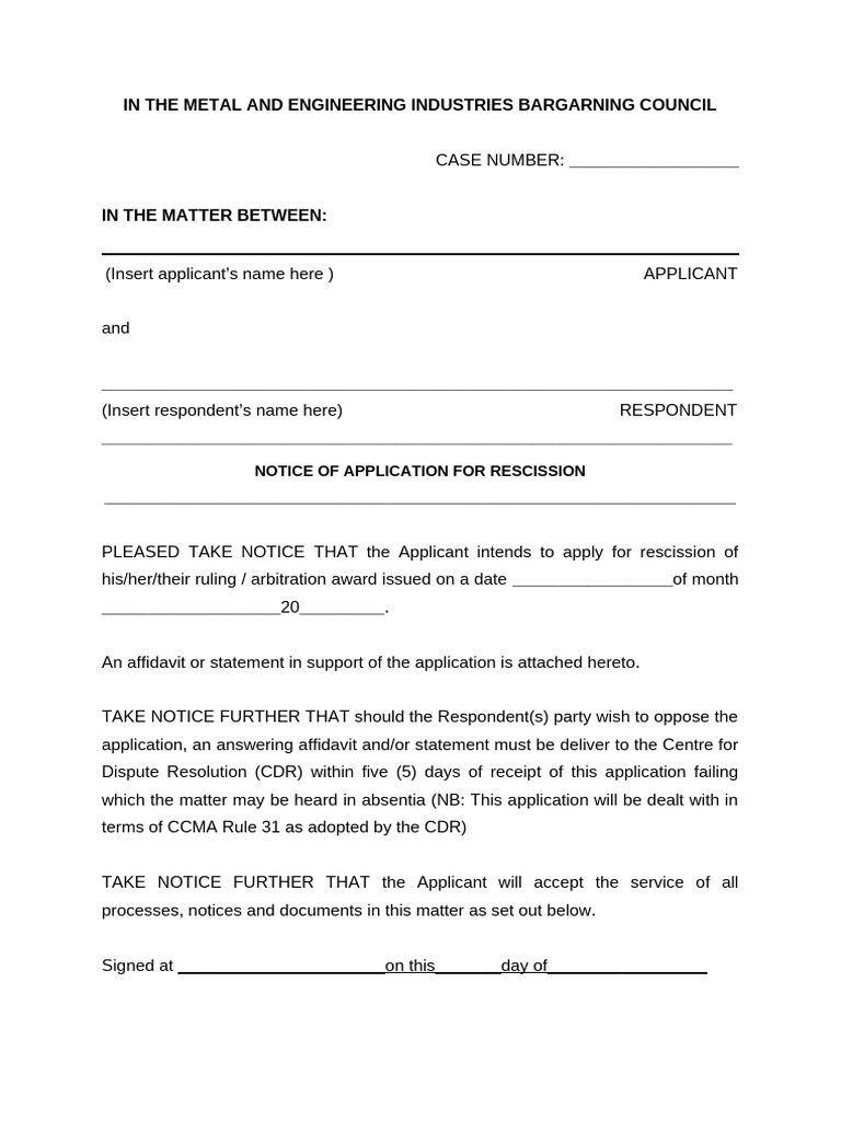 Rescission Application Form | PDF | Affidavit | Private Law