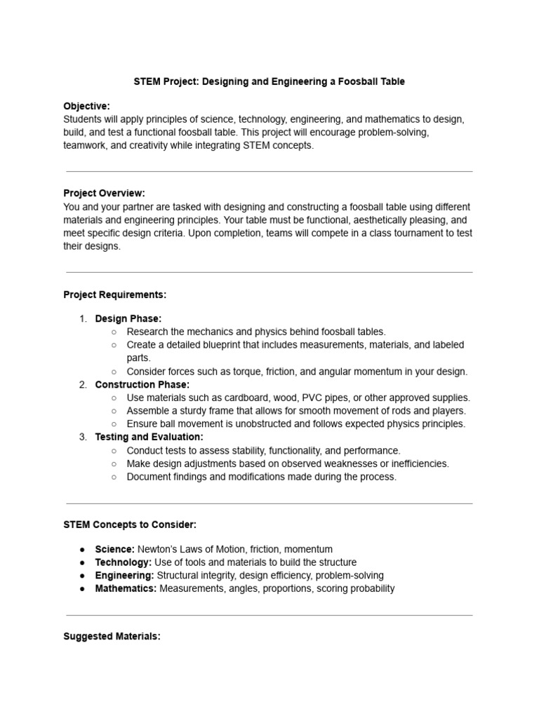 STEM Project - Designing and Engineering A Foosball Table | PDF | Force ...