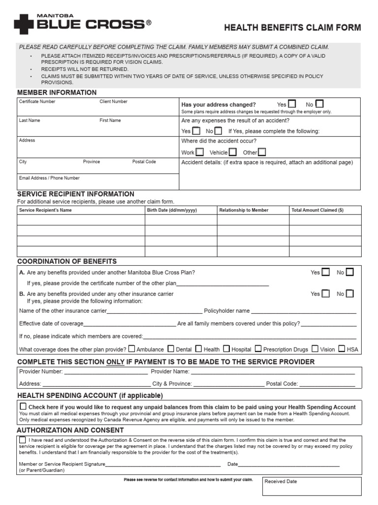 ManitobaBlueCross HealthBenefitsClaimForm | PDF | Insurance | Blue ...