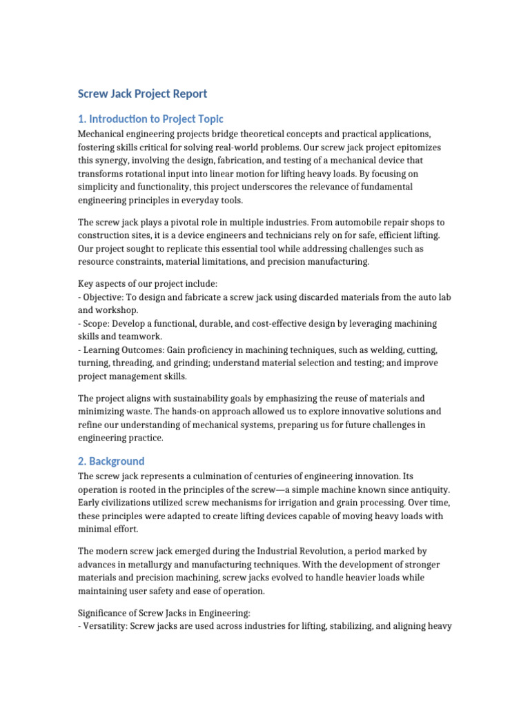Screw Jack Project Report Overview | PDF | Screw | Engineering