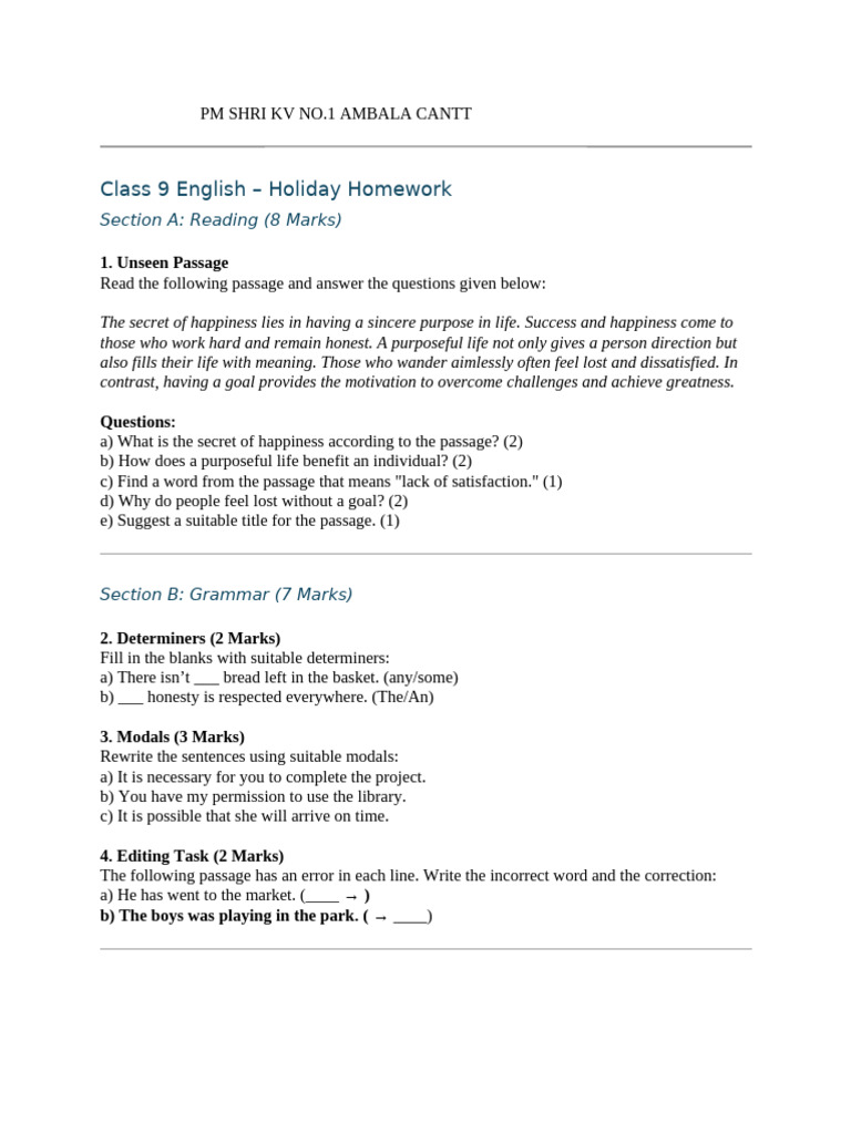 Holidays HW Class 9th English | PDF