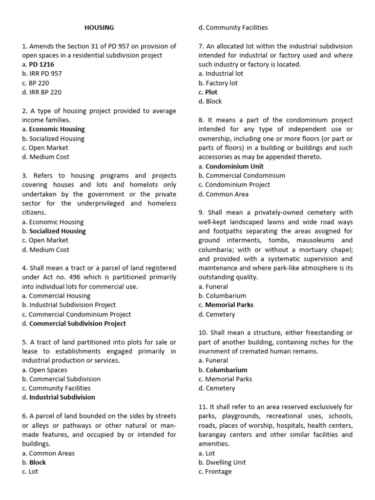 HOUSING QUESTIONS | PDF | Land Lot | Urban Planning