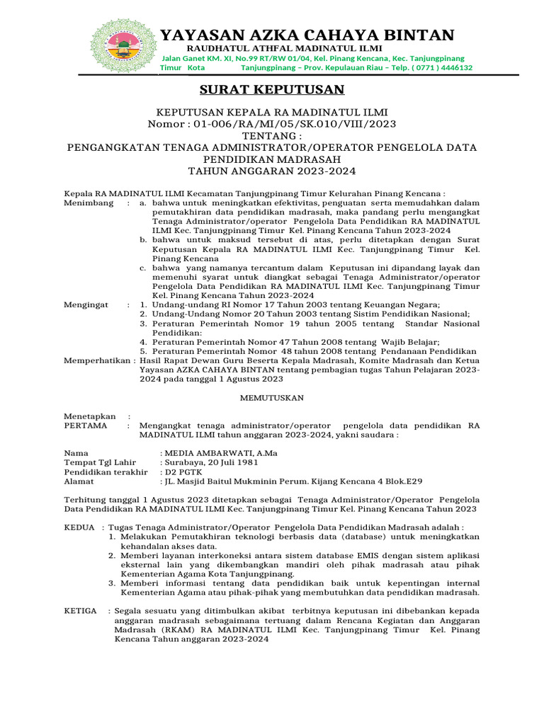 Pengangkatan Operator Data RA Madinatul Ilmi | PDF