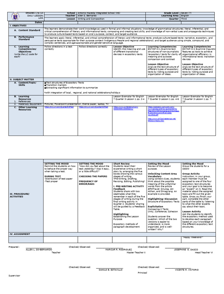 DLL Grade Third Quarter Writing | PDF | Semantics | Learning