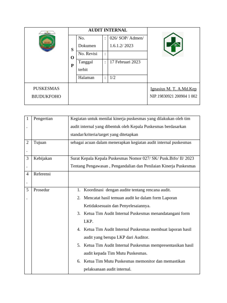 SOP AUDIT INTERNAL | PDF