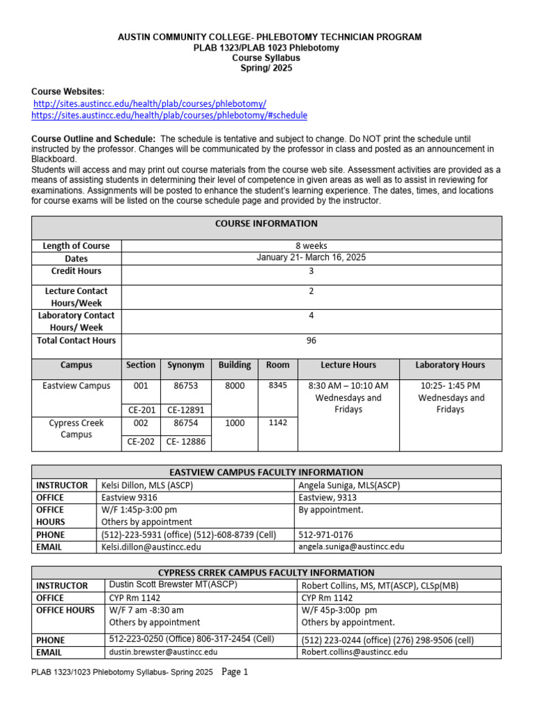 Master Syllabus - PLAB 1323 Spring | PDF | Quiz
