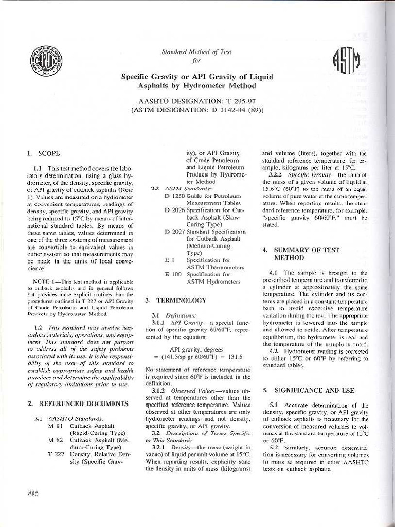 76 - Specific Gravity or API Gravity of Liquid Asphalt by Hydr | PDF