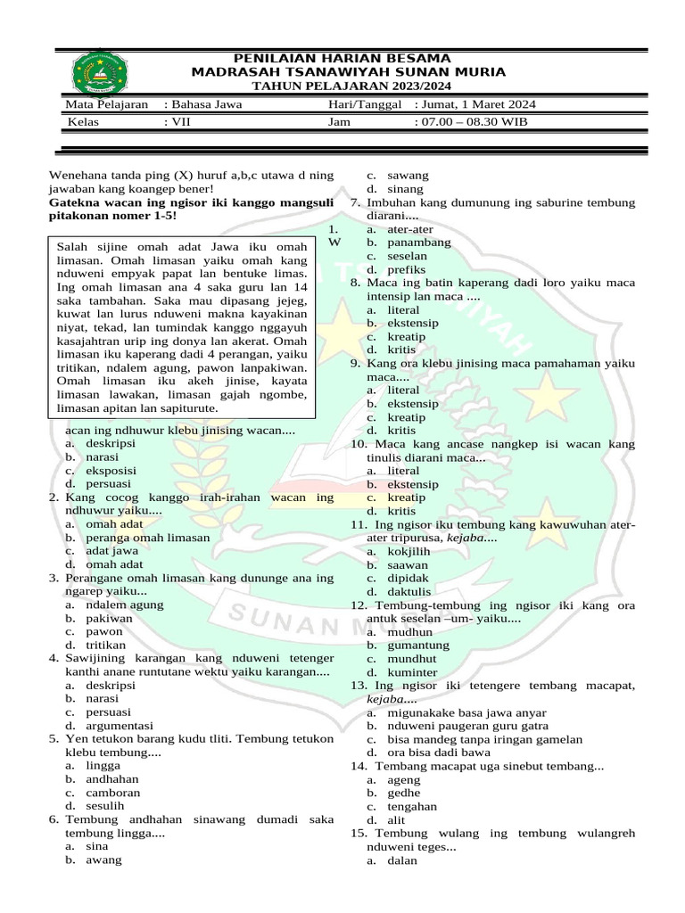 Bahasa Jawa Vii PHB Genap 2024 | PDF