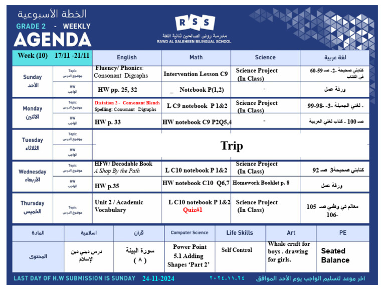 Grade 2 Weekly Agenda (Week (10) 17 - 11 - 21 - 11) - 2 | PDF