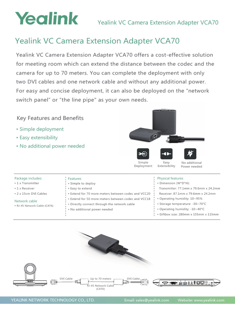 Yealink VC Camera Extension Adapter VCA70 Datasheet | PDF