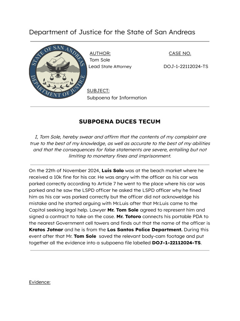 Subpoena DOJ 1 22112024 TS | PDF | Government | Criminal Justice