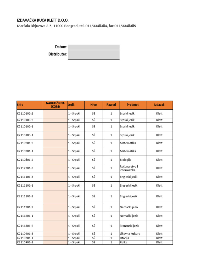 KLF Narudzbenica SS Izdanja-Na Srpskom Jeziku 2023-24 | PDF