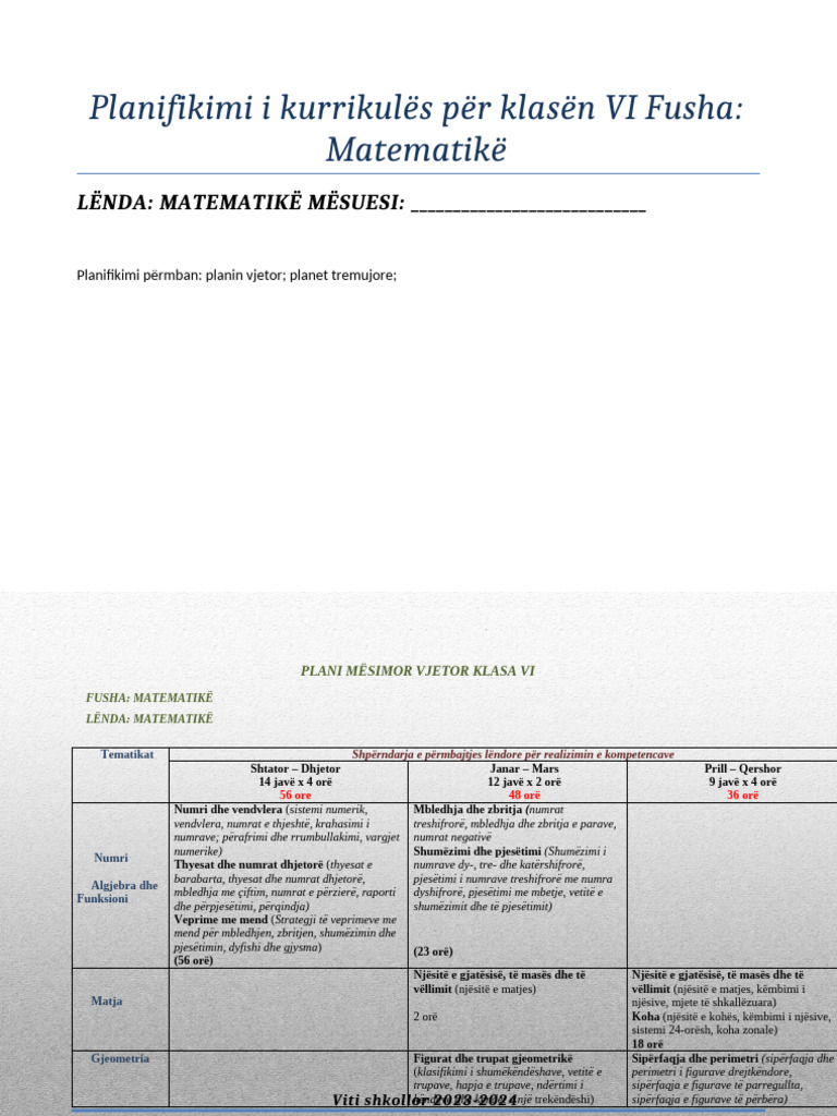 Matematika 6 - Plani Mesimor 2023-2024 Ok | PDF