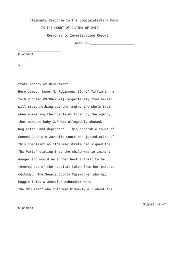 Claimants Response To The Complaint (Blank Form) Gracelyn Ohio Claims ...