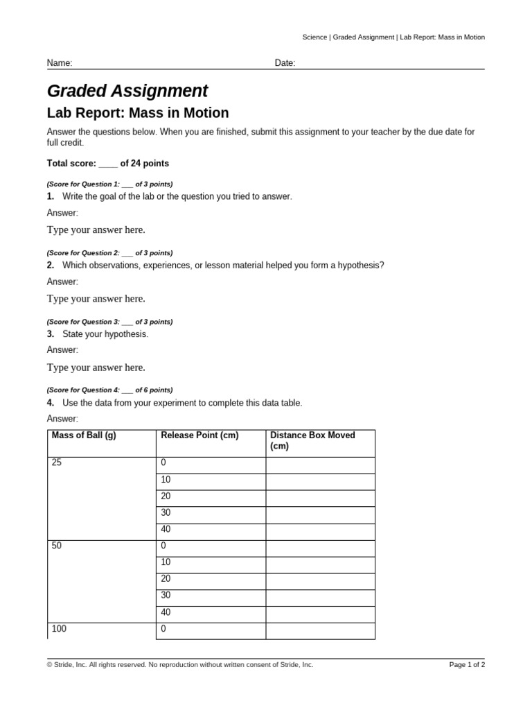 Graded Assignment: Lab Report: Mass in Motion | PDF