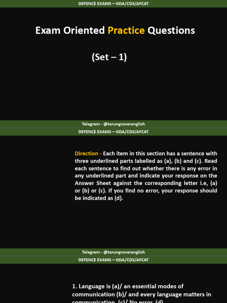 NDA, CDS, AFCAT - English Practice Set - 1 | PDF | Adverb | Preposition And Postposition