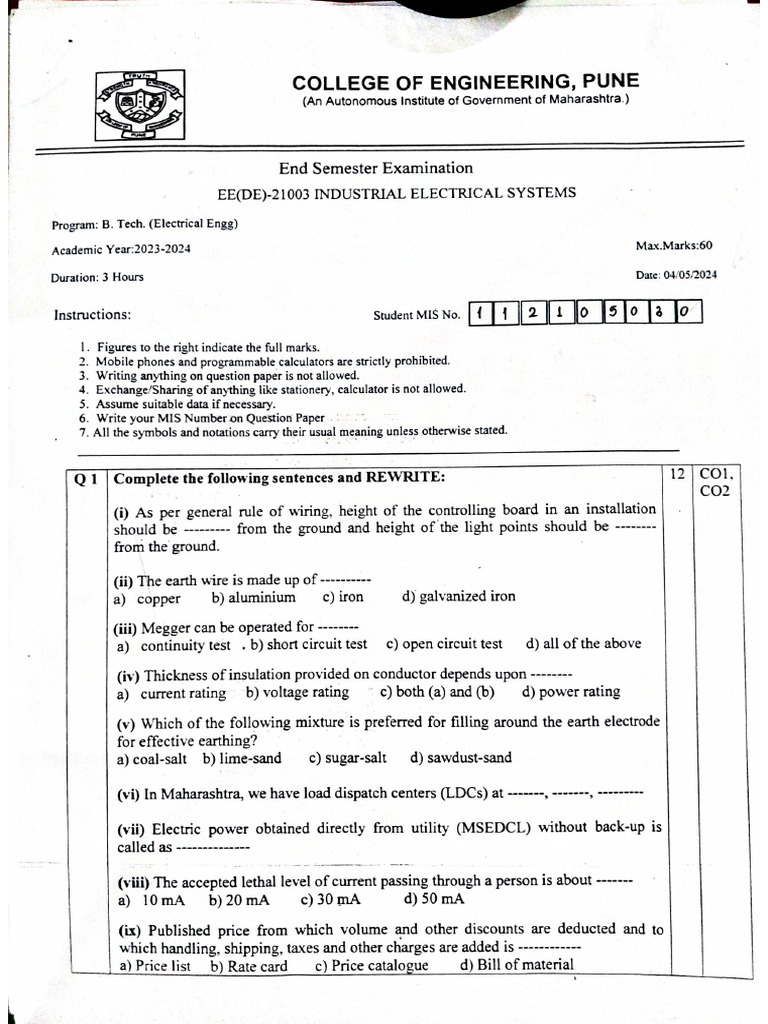 Industrial Electrical Systems EndSem 23-24 | PDF