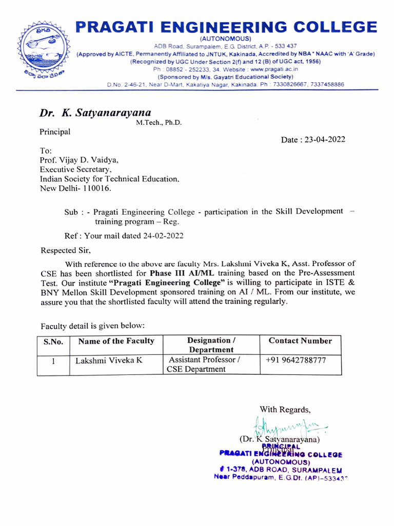 Pragati Engineering College AI/ML Training Participation | PDF ...