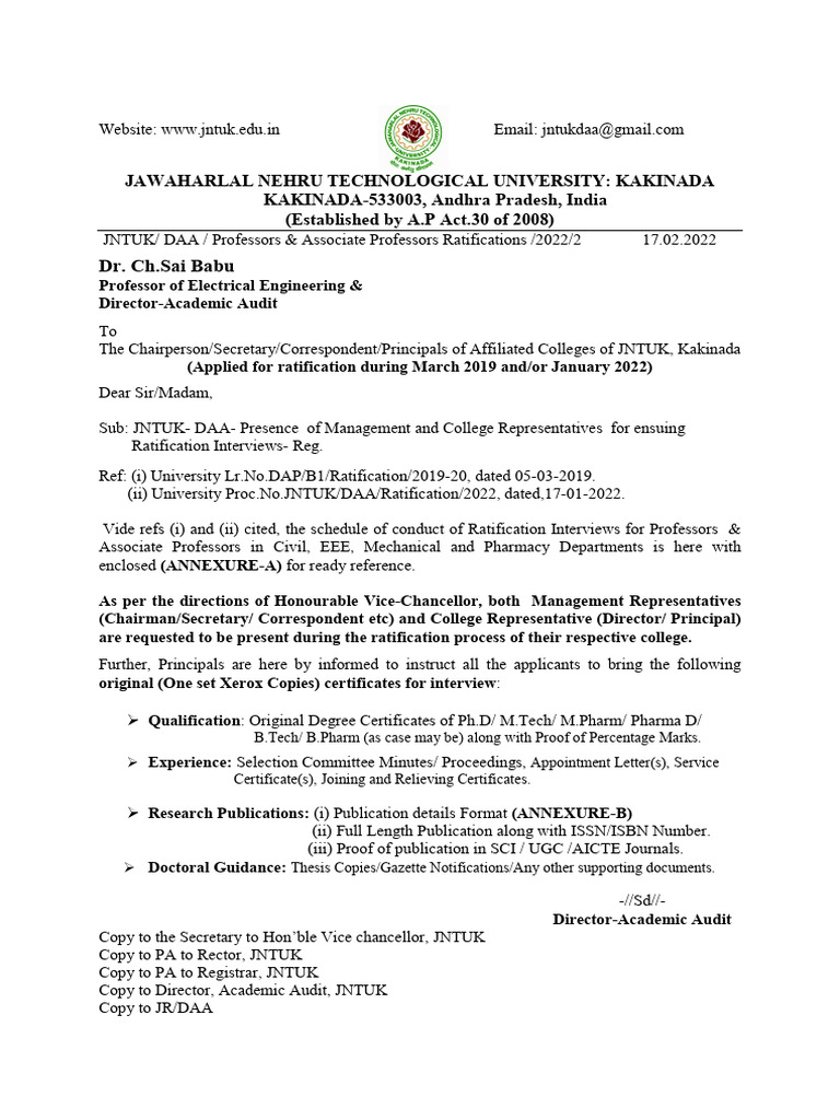 JNTUK DAA Ratification Interviews 2022 | PDF | Academia | Qualifications