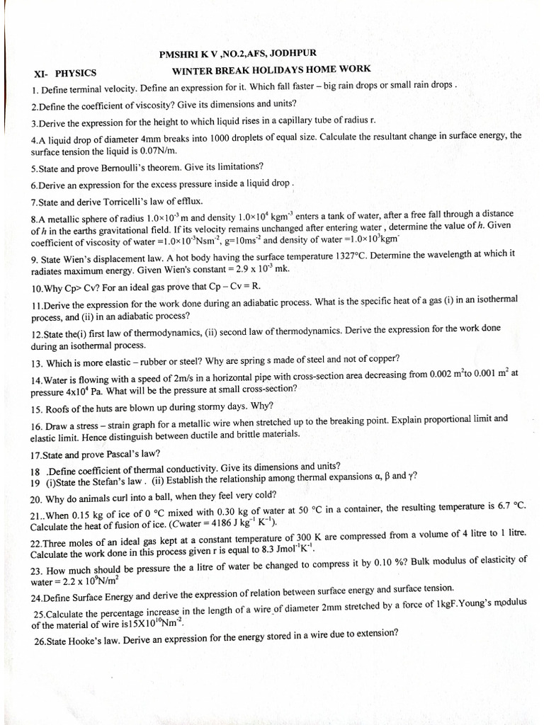 Xi-Physics - Winter Break H.W. | PDF