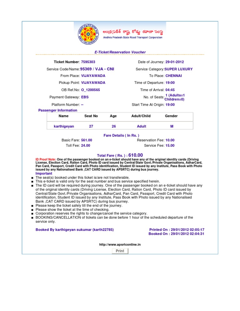 APSRTC E-Ticket for Vijayawada to Chennai | PDF | Identity Document ...