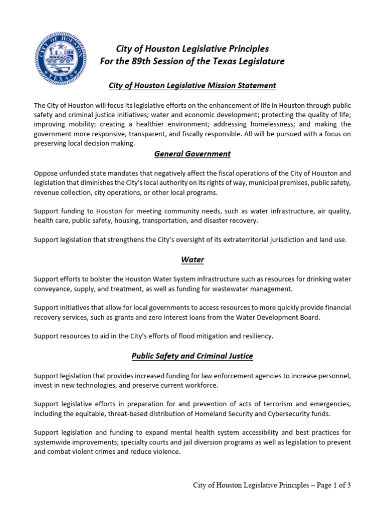 COH - 89th Session Principles Final | PDF | Houston | Infrastructure
