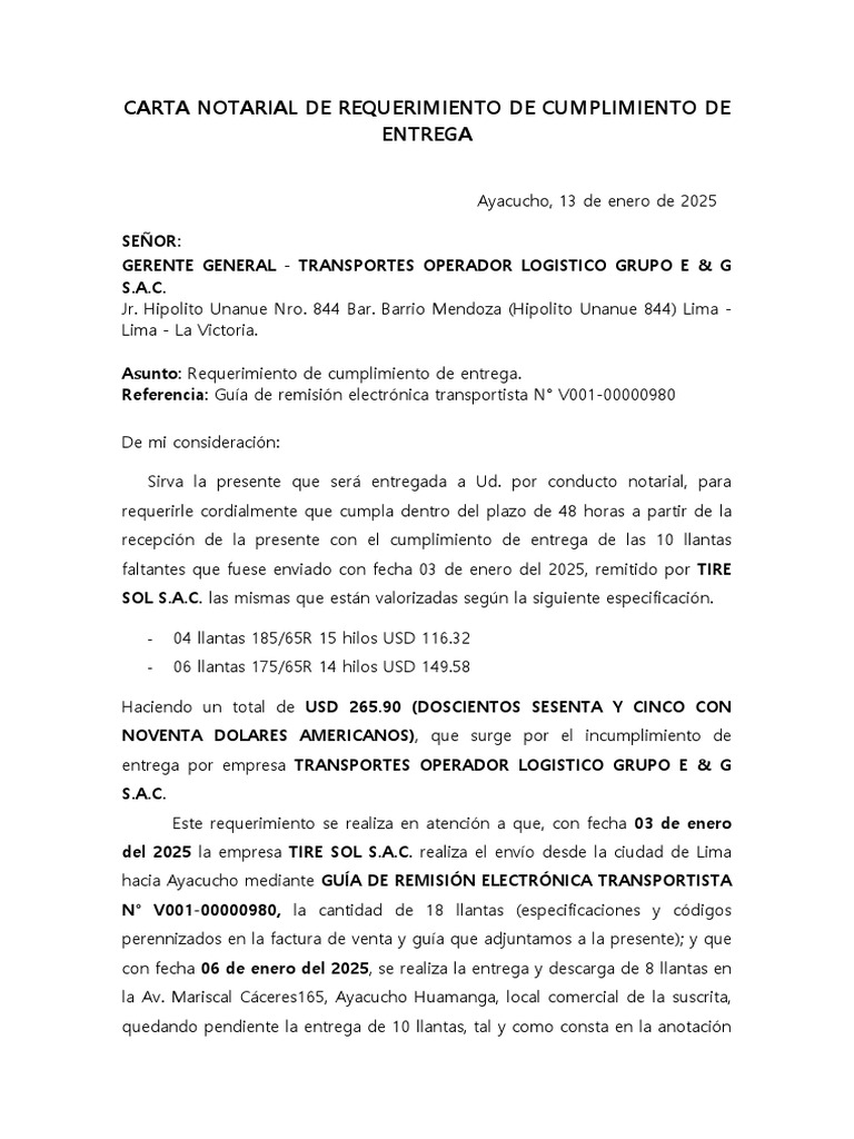 CARTA NOTARIAL DE REQUERIMIENTO DE CUMPLIMIENTO DE ENTREGA | PDF