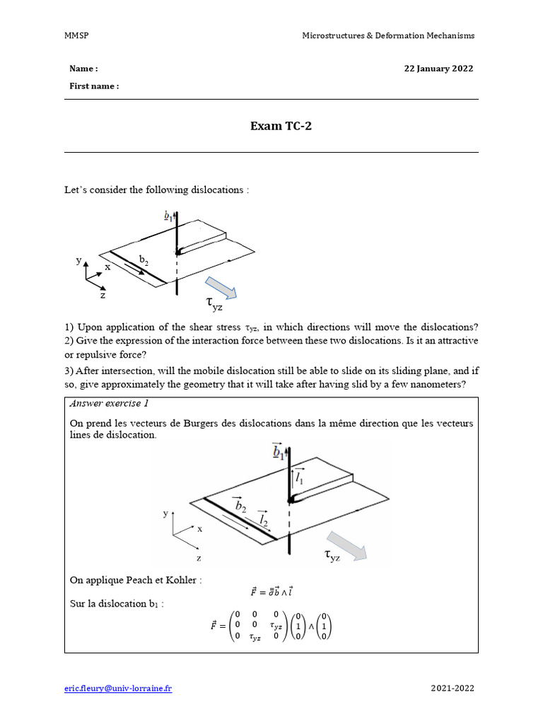 Exam TC2 2021-2022 Avec Correction (1) | PDF | Dislocation | Applied And Interdisciplinary Physics