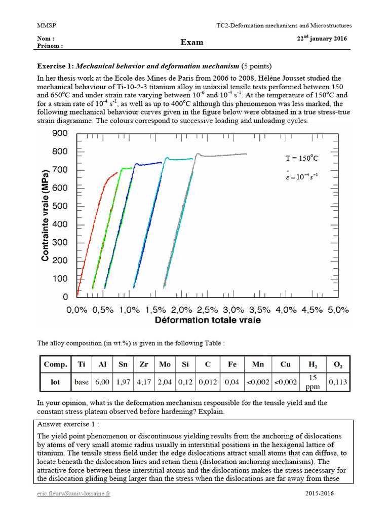 Exam TC2 2015-2016 English With Correction | PDF | Dislocation | Yield (Engineering)