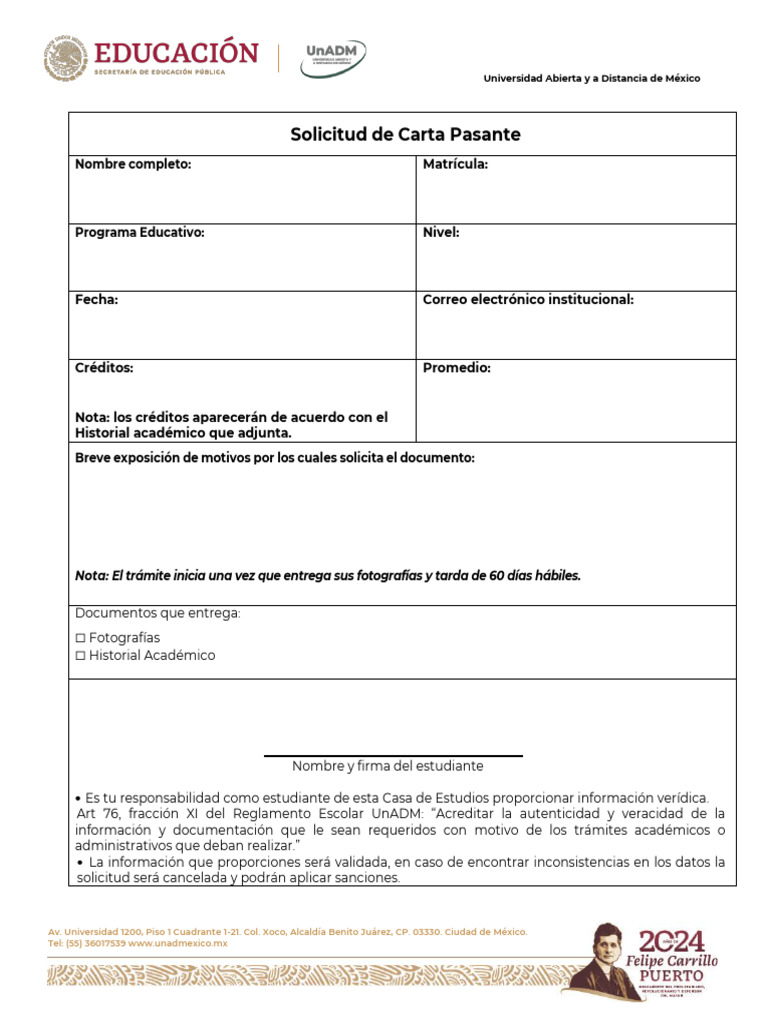 Solicitud Carta Pasante 2024 | PDF