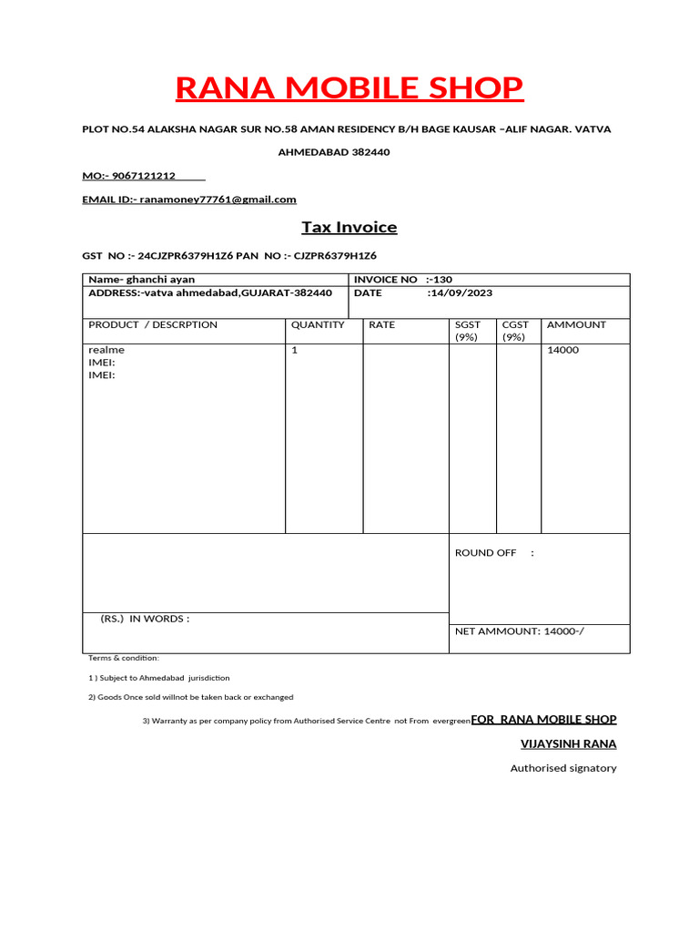 Invoice for Rana Mobile Shop Sale | PDF