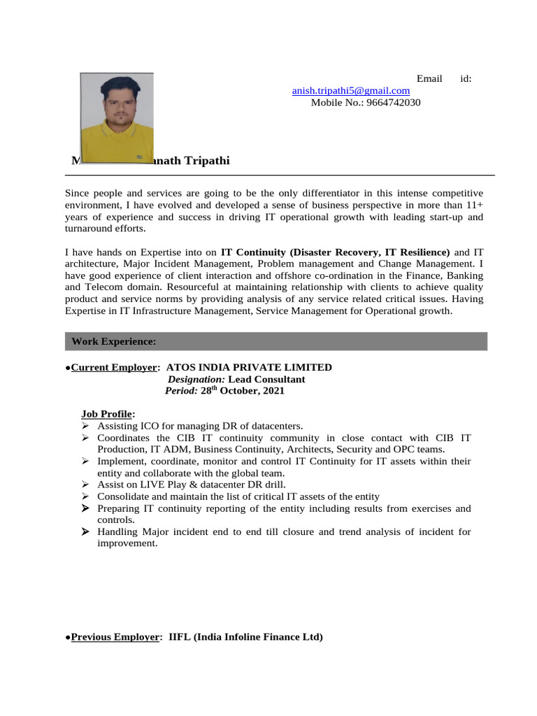 Anis Tripathi - Incident Management - CV 2 | PDF | Emergency Management | Computing