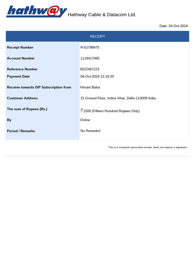 Hathway ISP Subscription Receipt | PDF