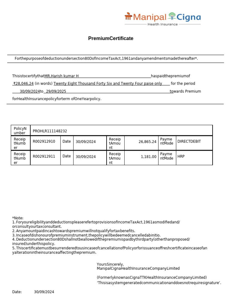 Health Insurance Premium Certificate | PDF