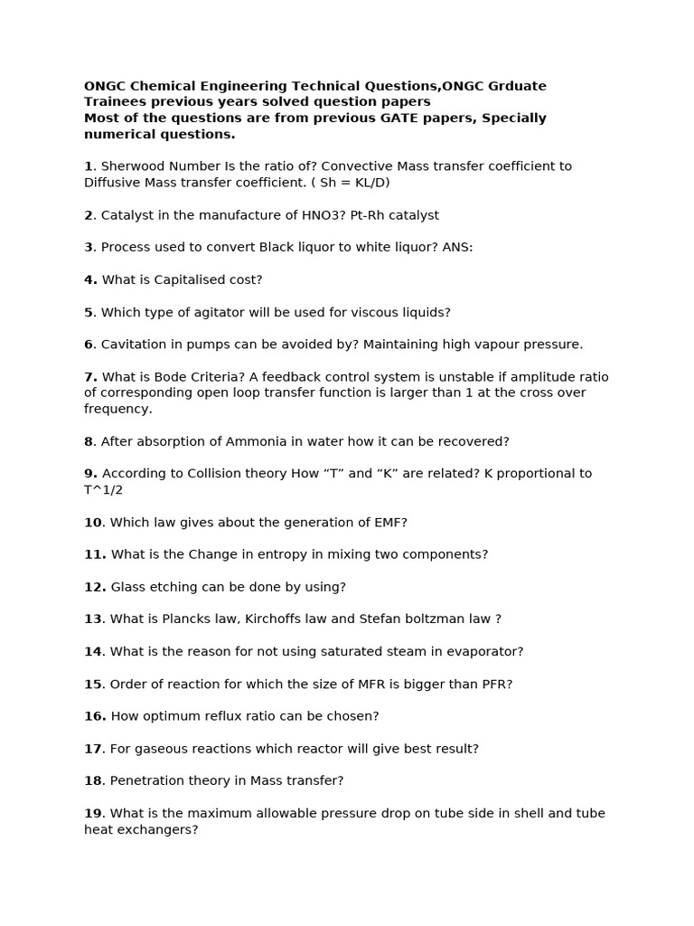 ONGC Chemical Engineering Exam Questions | PDF | Chemical Reactor | Pump