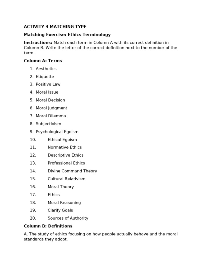 Ethics Terminology Matching Exercise | PDF