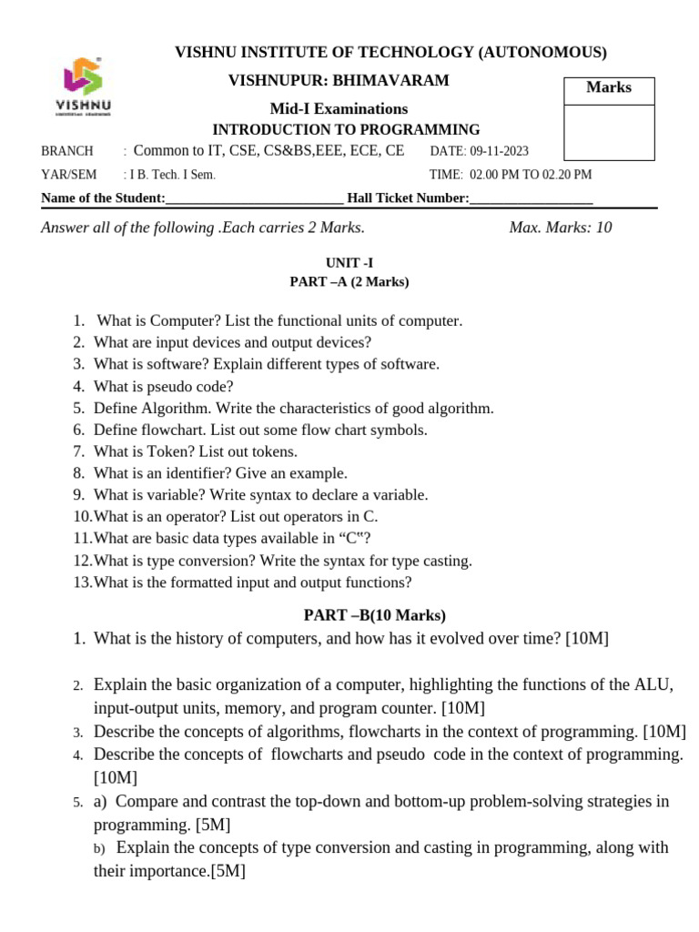 IP Mid I Question Bank - 2023 | PDF | Control Flow | Algorithms
