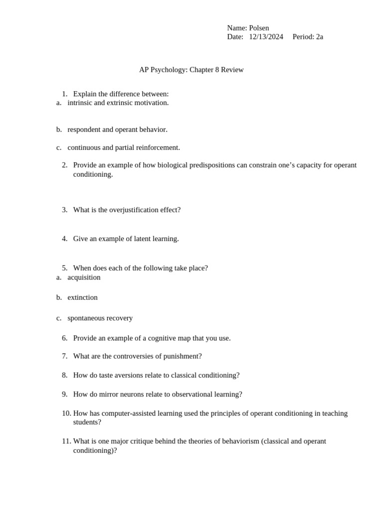 Psychology Chapter 8 Study Guide | PDF | Reinforcement | Cognition